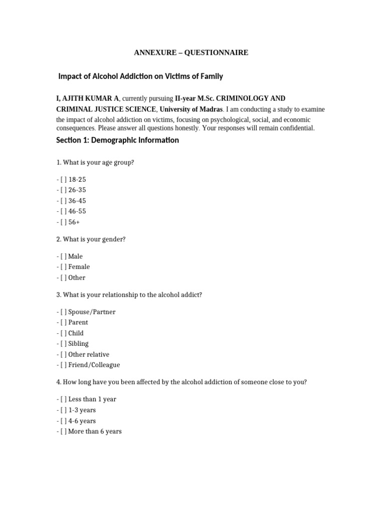 Annexure Questionnaire | PDF | Alcoholism | Anxiety