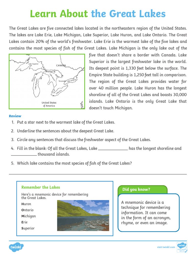 Learn About The Great Lakes Activity | PDF | Great Lakes | Lake Huron