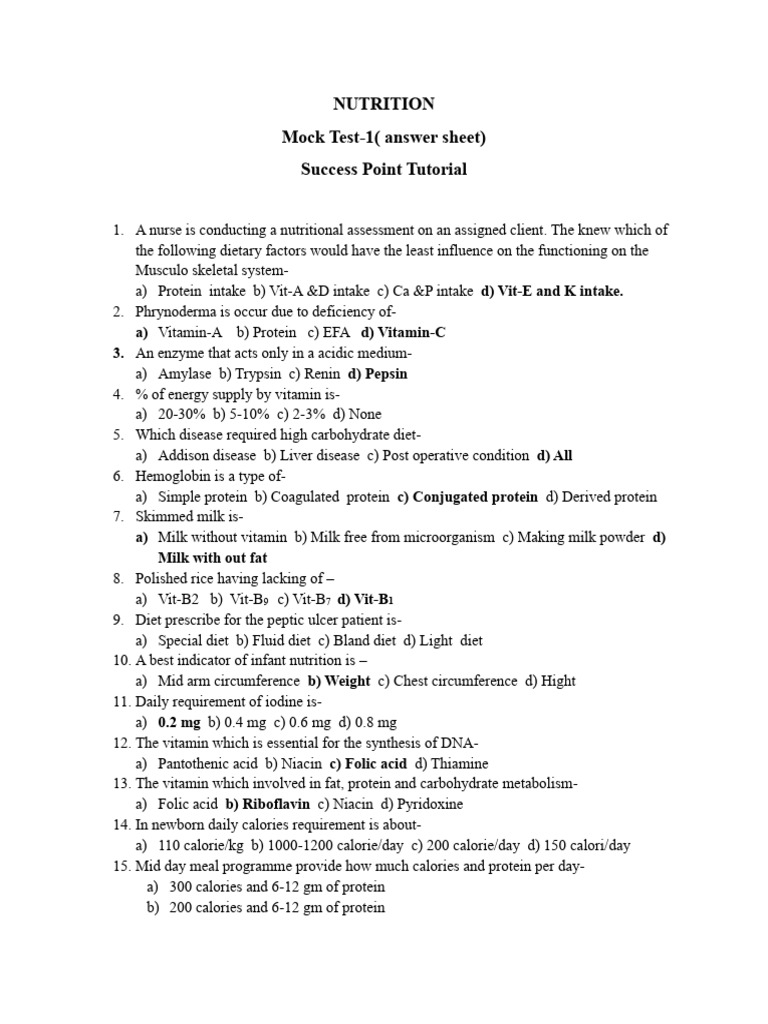 Nutrition Mock Test - 1 Answer (2024) | PDF | Glucose | Vitamin