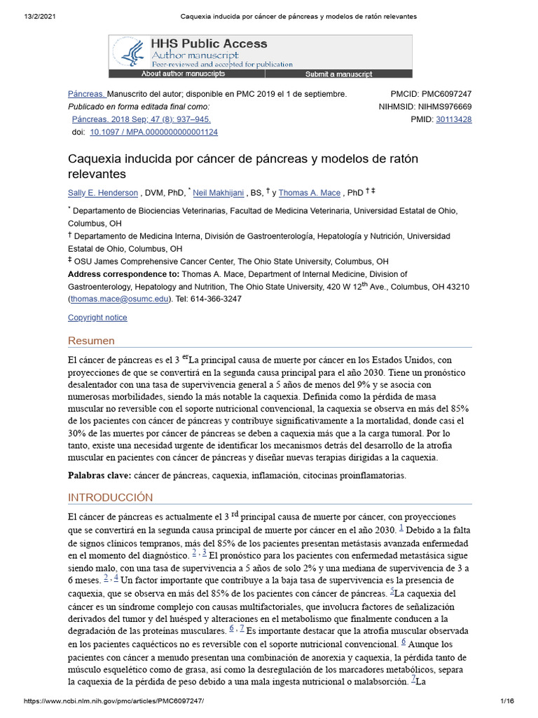 Caquexia inducida por cáncer de páncreas y modelos de ratón relevantes ...