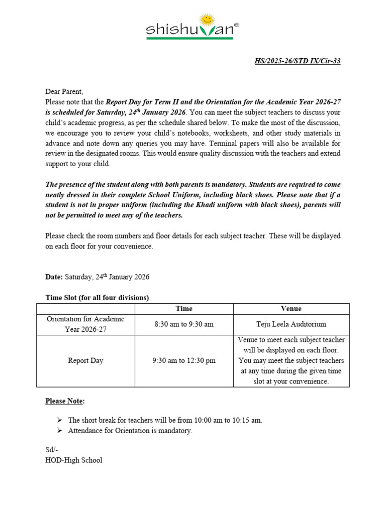 STD IX - Report Day Circular | PDF