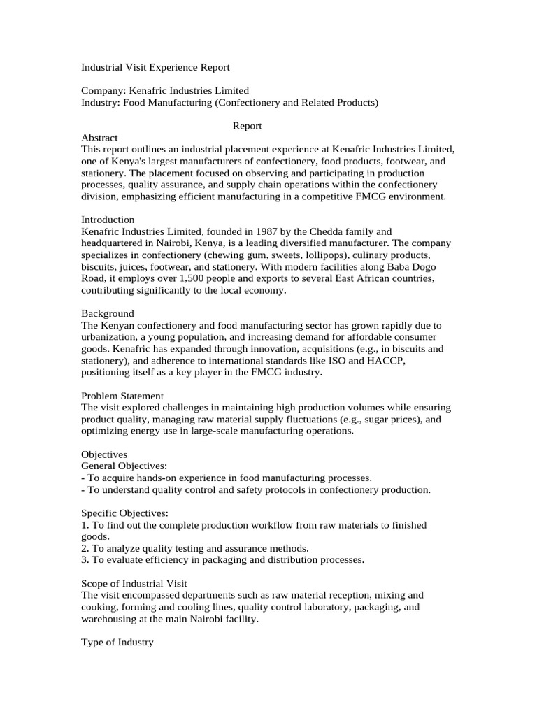 Industrial Visit Experience Report Kenafrica | PDF | Kenya | Laboratories