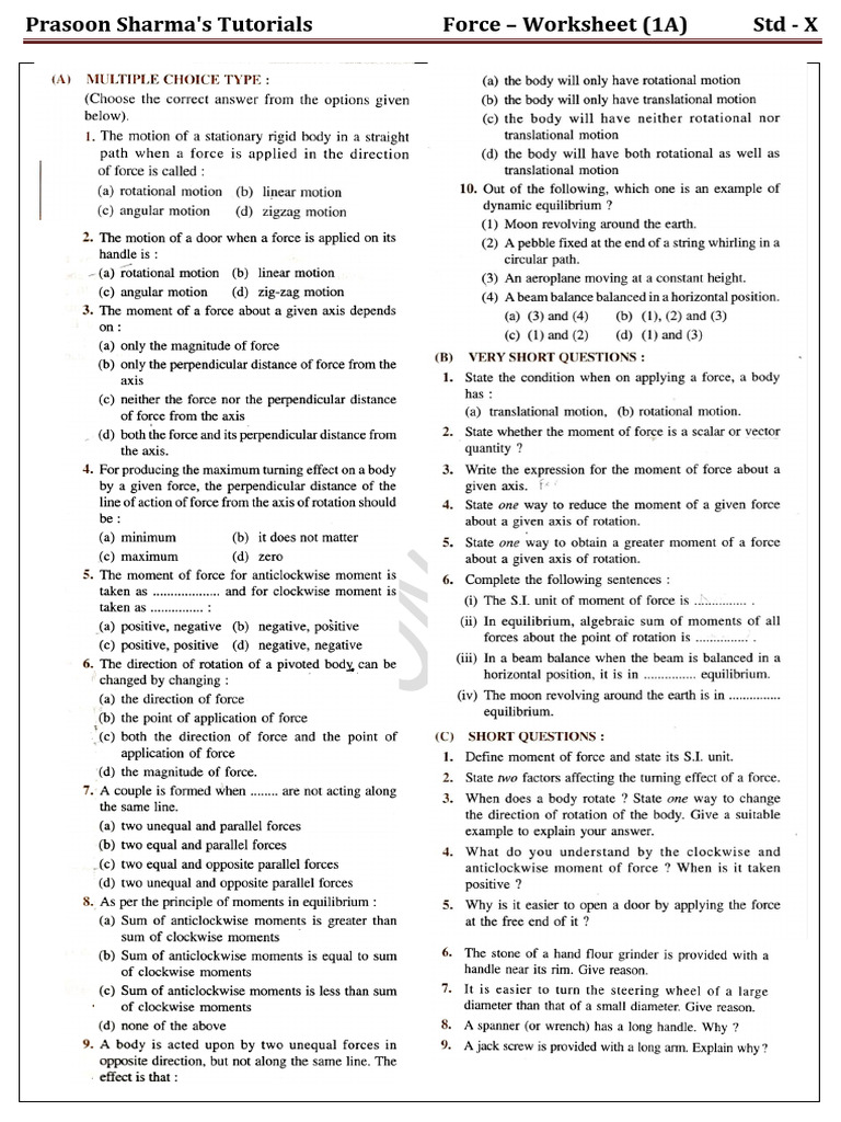 Force Worksheet (1A) STD - X | PDF
