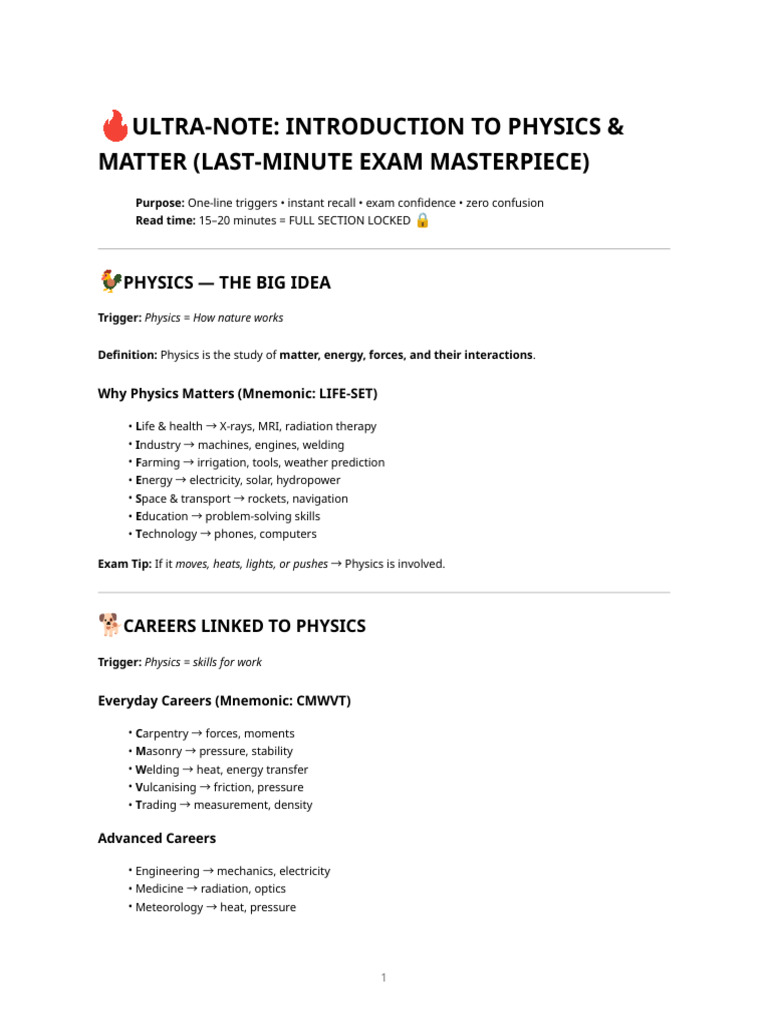 Section 1 Physics & Matter - Ultra Last Minute Master Note | PDF ...