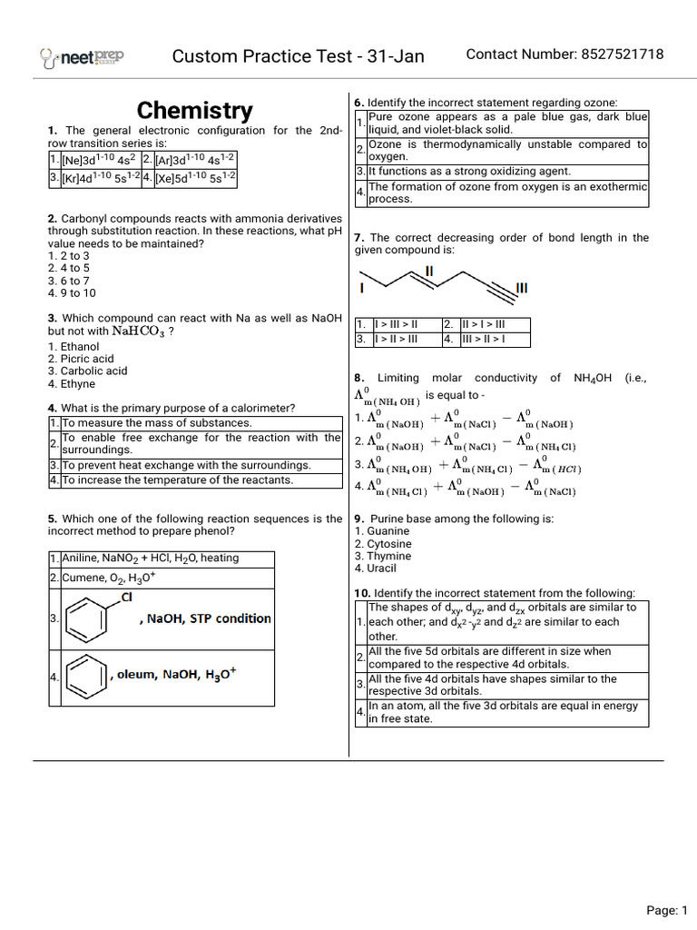 Custom Practice Test 31 Jan | PDF | Chemical Reactions | Amine