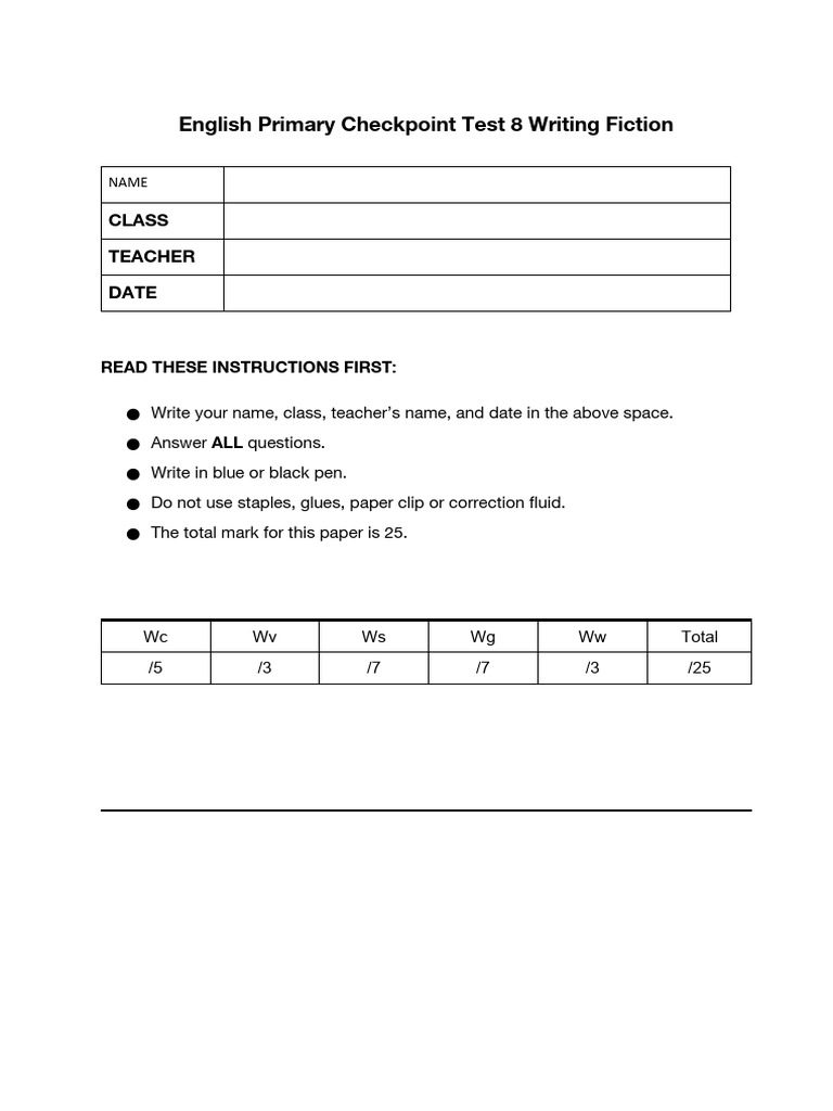 English Primary Checkpoint Test 8 Writing Fiction | PDF