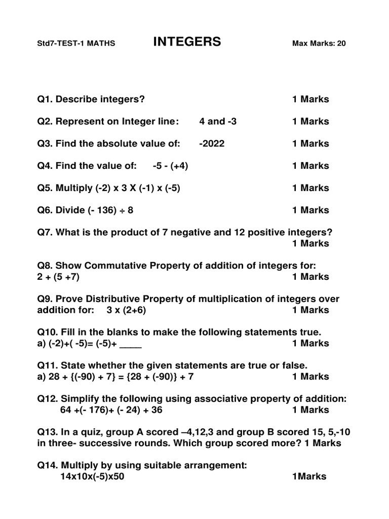 Std7-Test-1 Maths - Integers | PDF