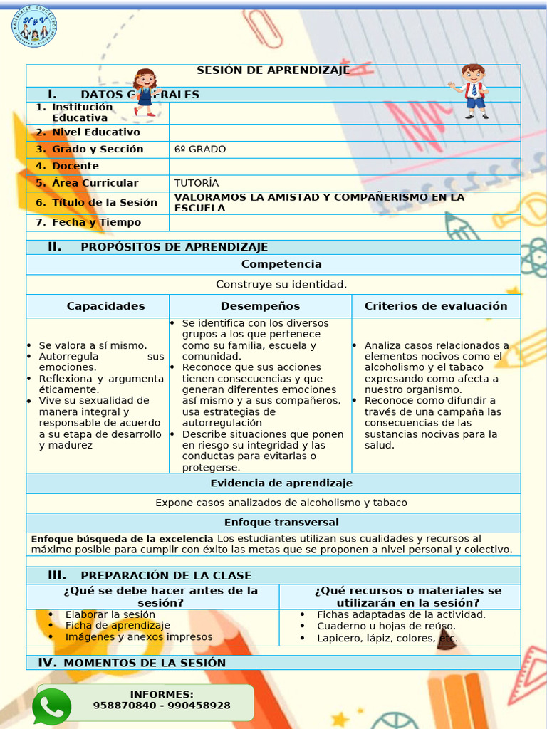 6º Sesión - Tutoria -Valoramos La Amistad y Compañerismo en La Escuela ...