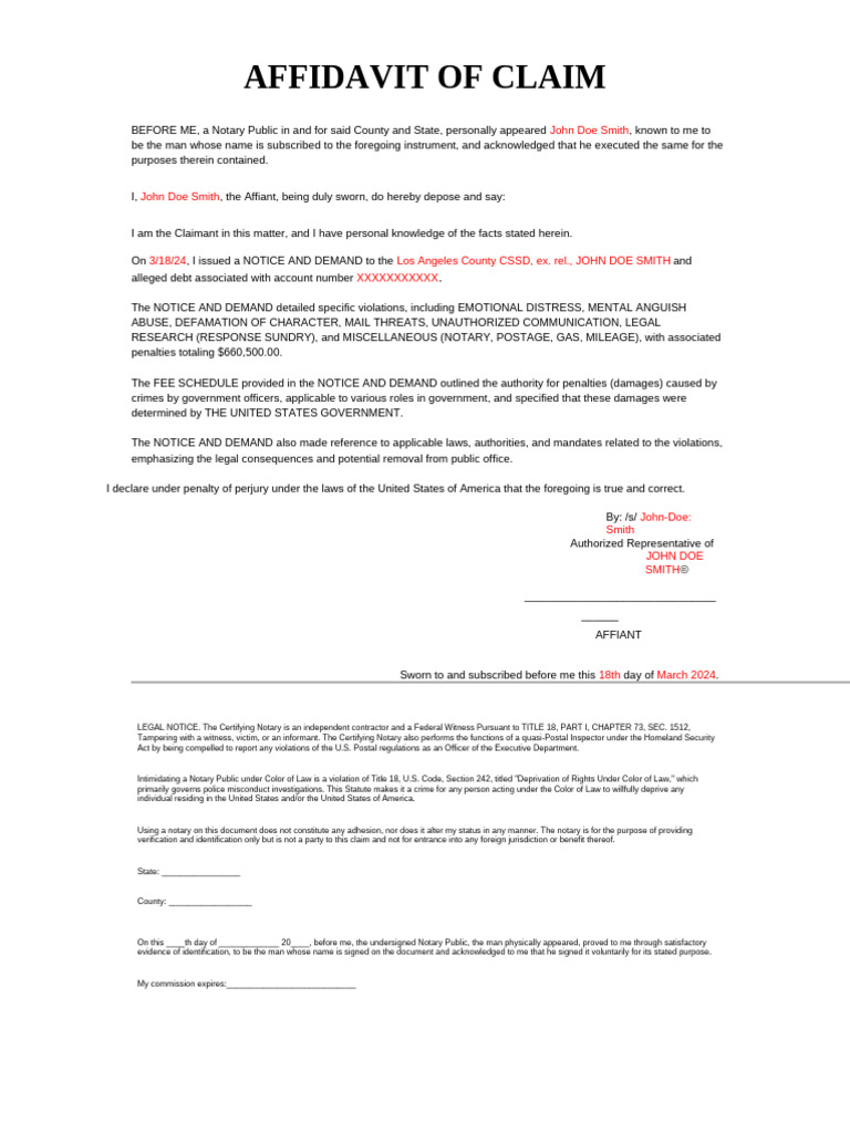 Affidavit and Claim Template | PDF | Affidavit | Notary Public