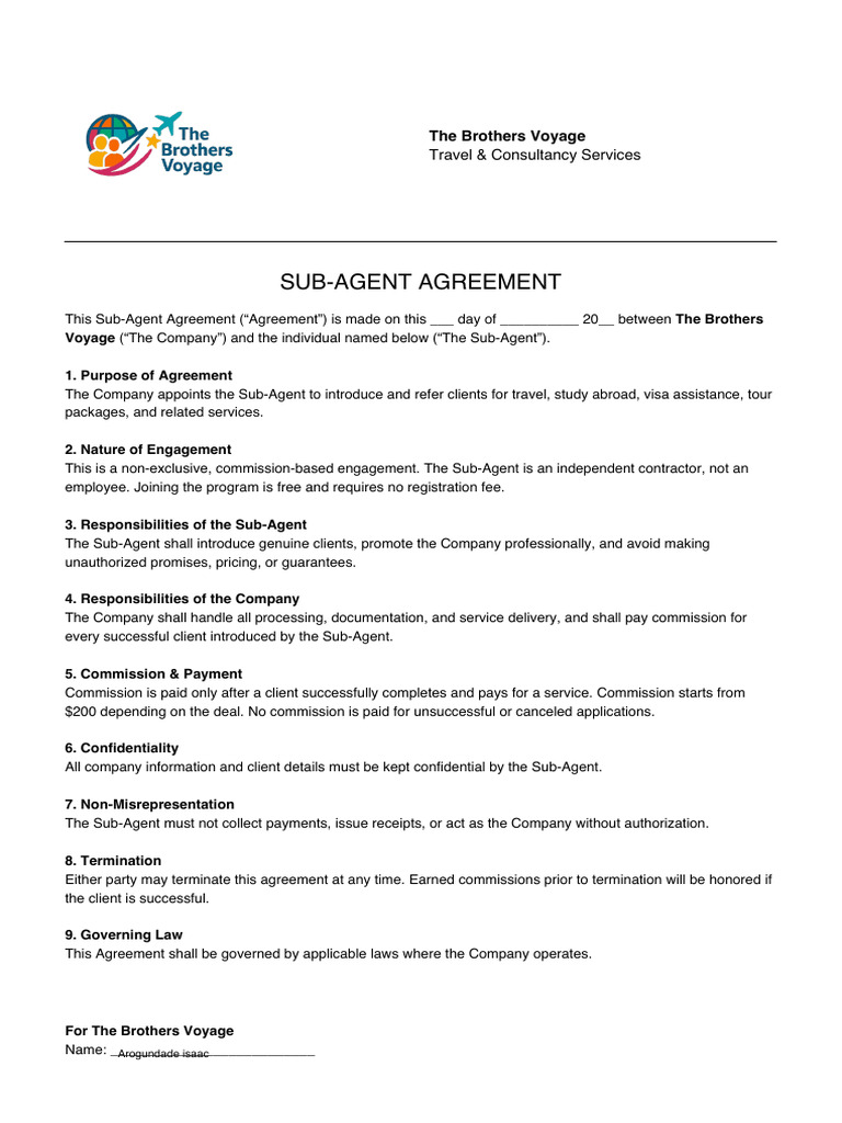 The Brothers Voyage Sub Agent Contract | PDF