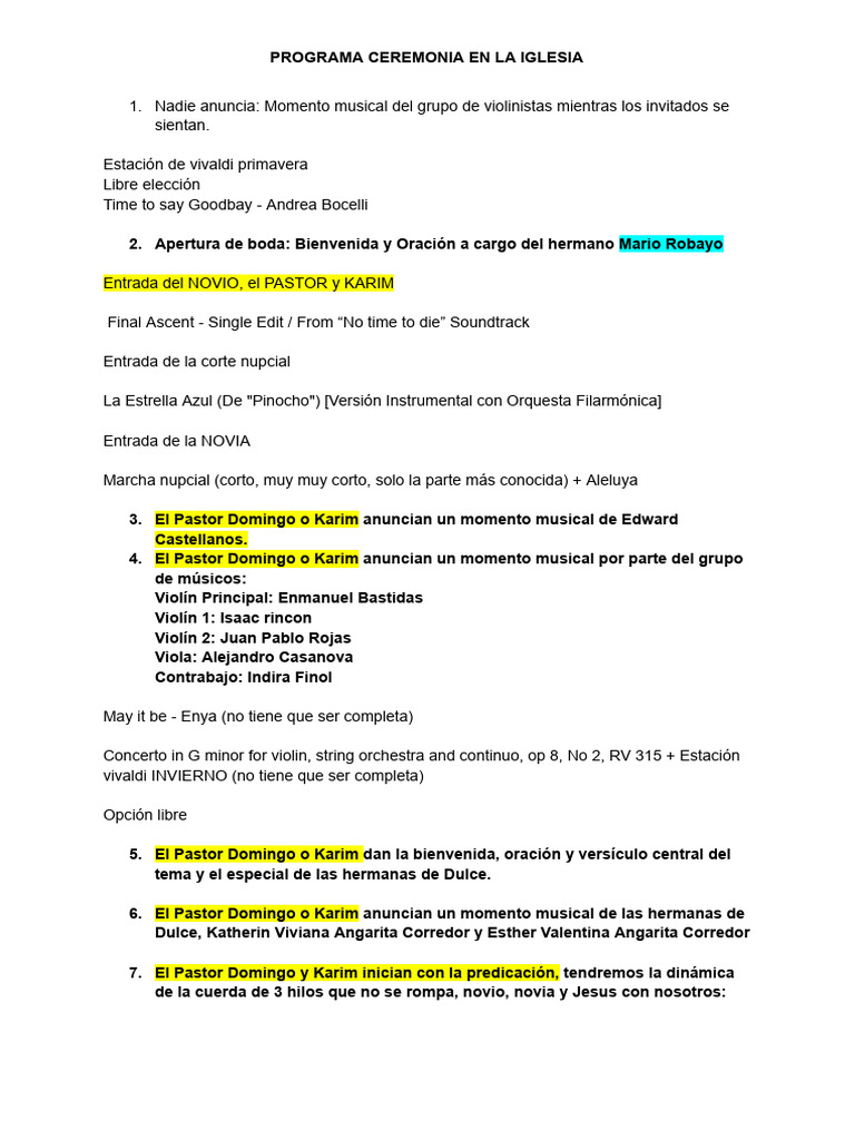 Programa de La Ceremonia en La Iglesia | PDF