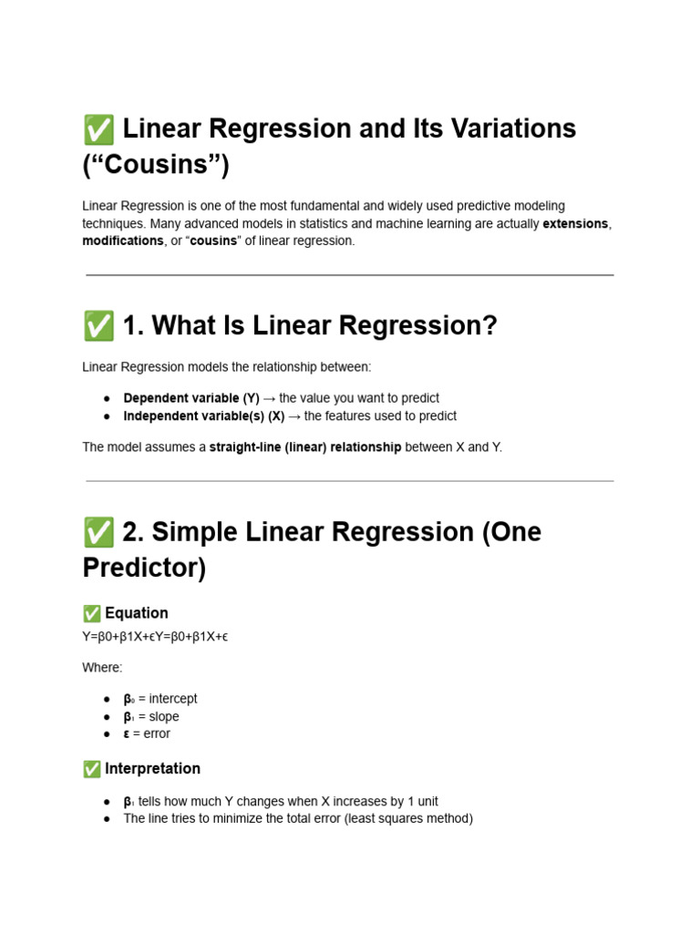 Linear Regression and Its Variations ("Cousins") | PDF | Linear ...