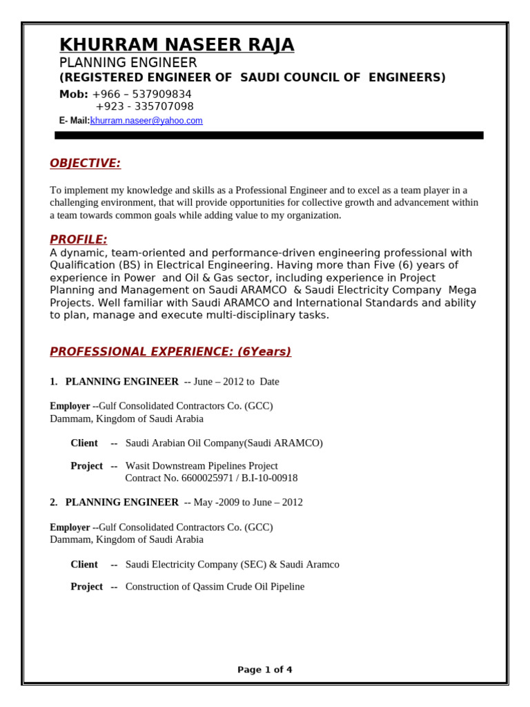 CV Planning Engineer Ksa | PDF | Power (Physics) | Electric Power