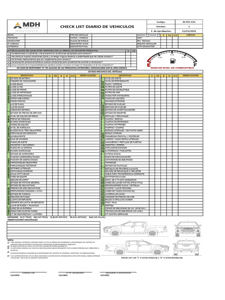 M.pec.014 - Check List Diario de Vehiculos Camioneta | PDF | Tecnología ...