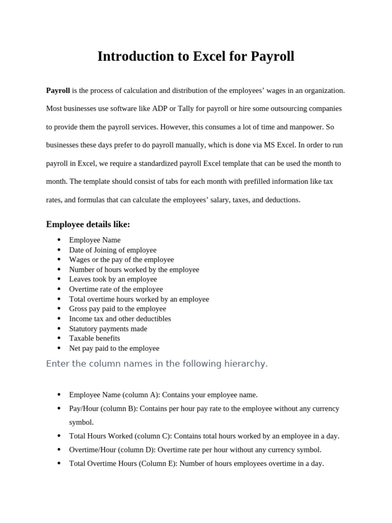 Introduction To Excel For Payroll | PDF | Payroll | Employment Compensation
