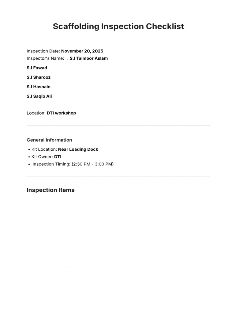 Inspection Checklist Scaffolding | PDF