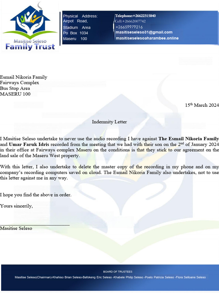 Indemnity Letter Without Signature | PDF