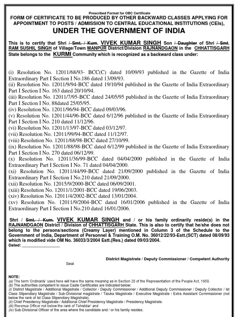 Cast Certificate Formate Central Govt Format - 3 Obc Certificate | PDF | Magistrate | Government ...