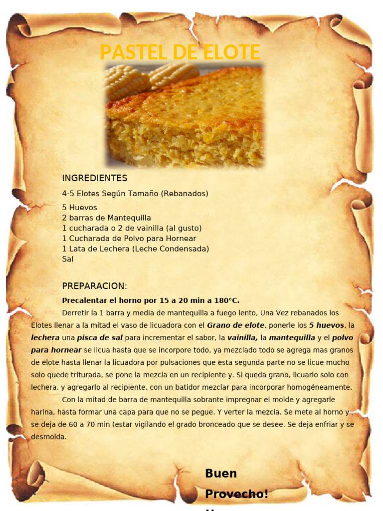 Pastel de Elote Receta | PDF