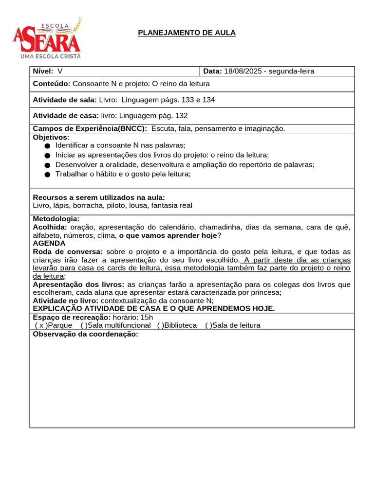 PLANO DE AULA 18.08 | PDF | Lição | Recreação