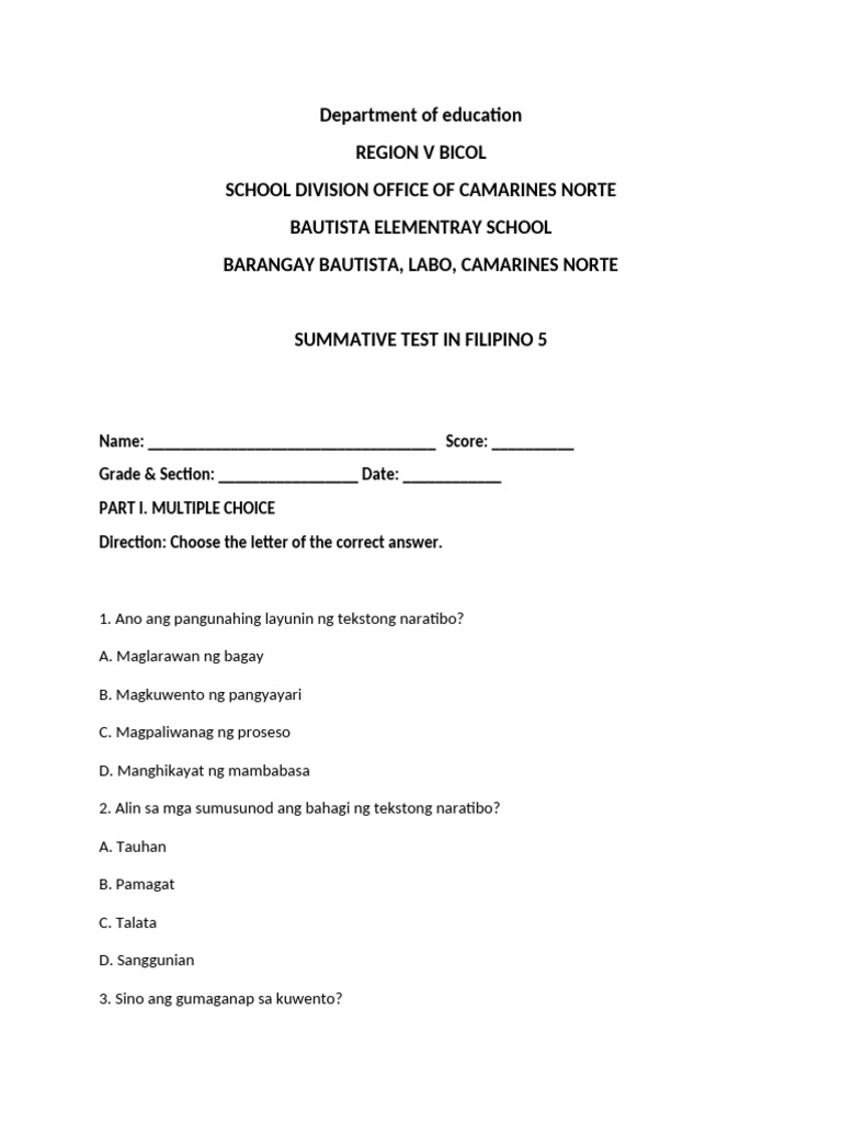 Summative Test FILIPINO 5 | PDF