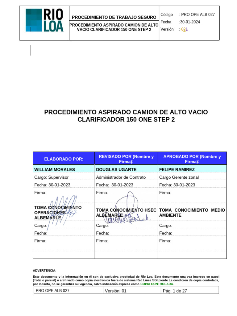 Pro Ope Alb 027 Procedimiento Aspirado Camion de Alto Vacio Pretil ...