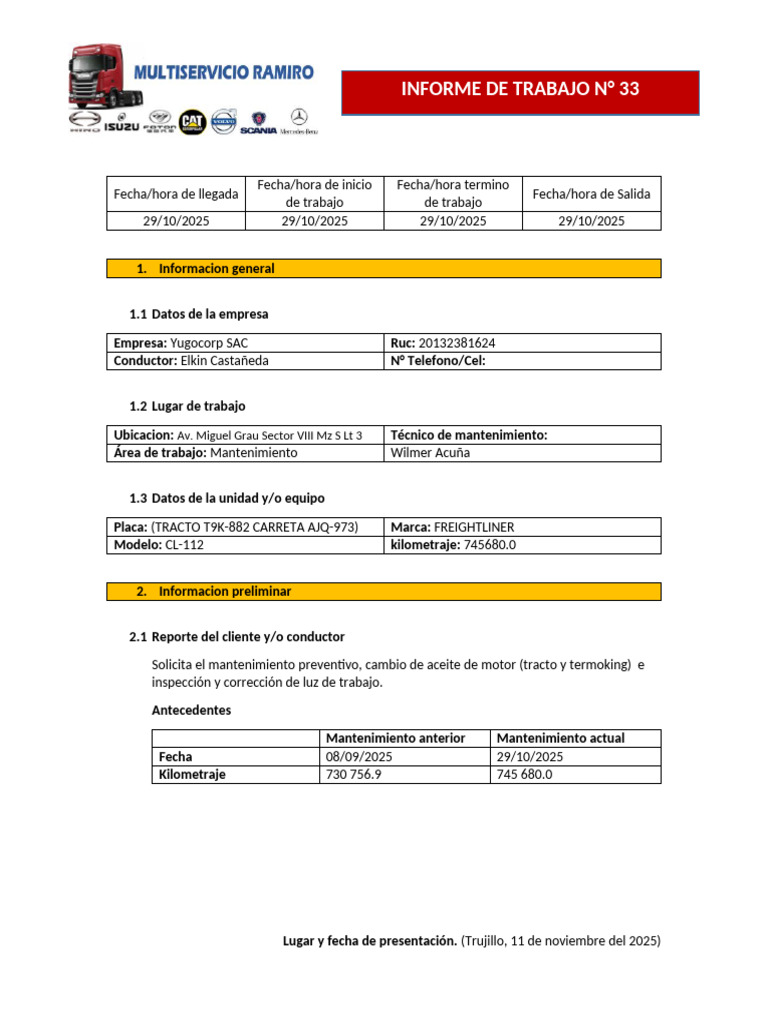 INFORME N° 33 (TRACTO T9K-882 CARRETA AJQ-973) | PDF