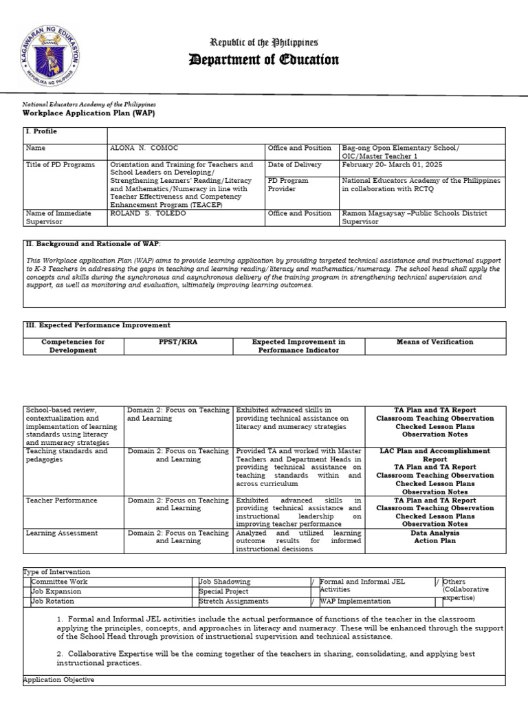 Sample Teacep - Wap For School Heads | PDF | Teachers | Lesson Plan
