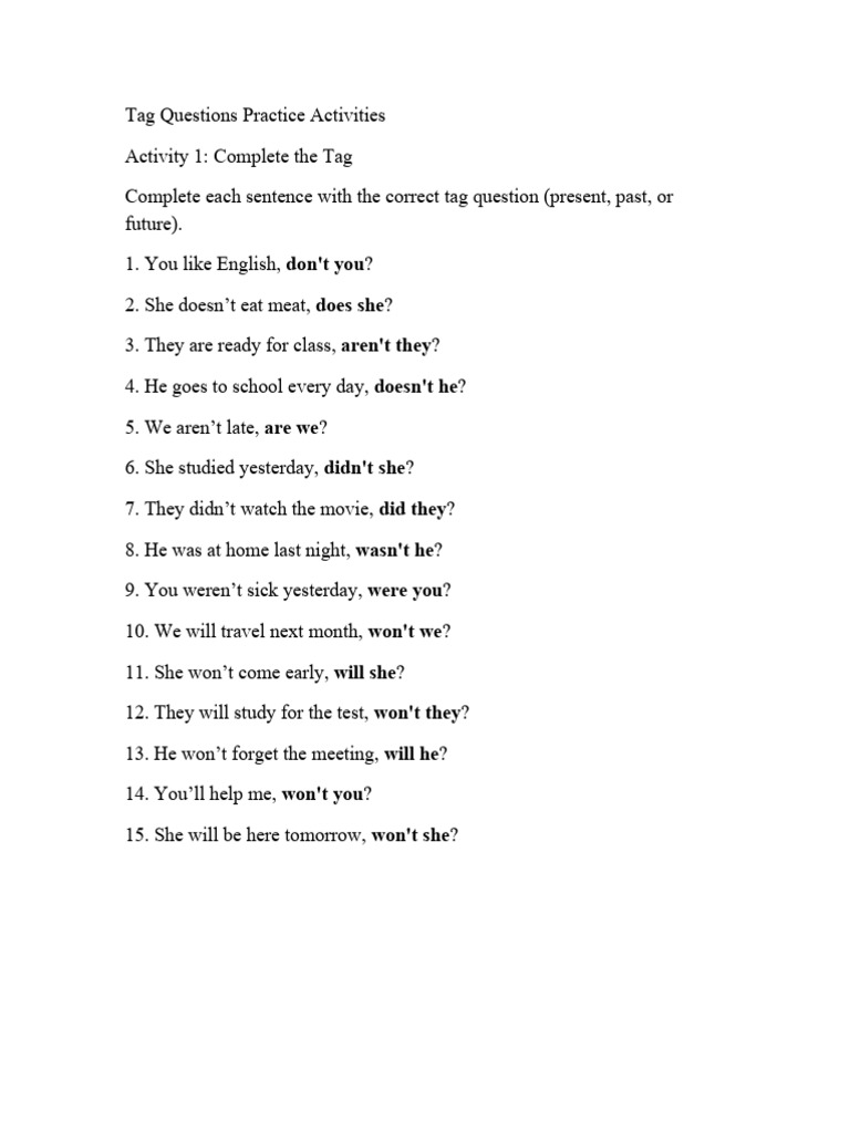 Tag Questions Activities | PDF
