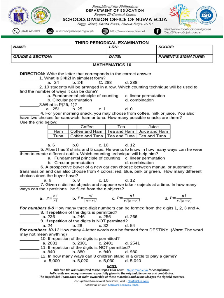 DTC - PT MATHEMATICS10 Q3 MELC With Key | PDF | Permutation