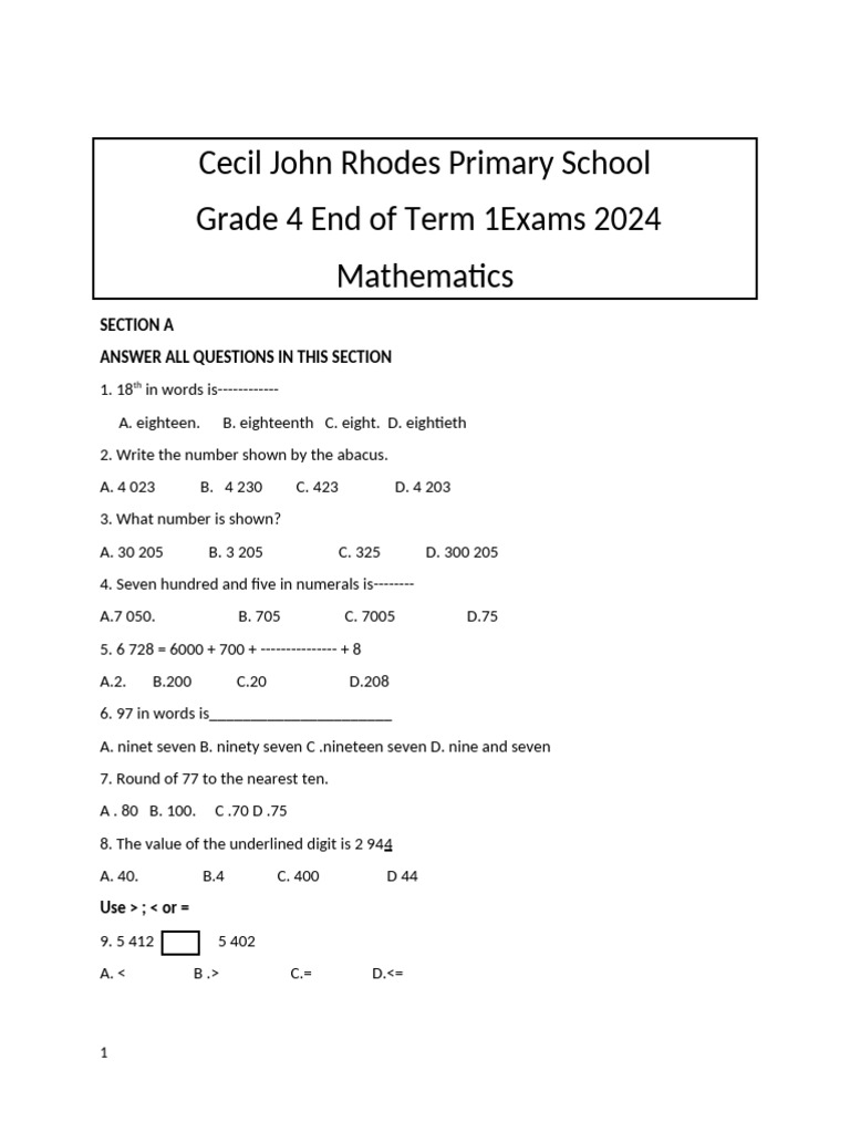 Grade 4 Mathematics Term 1 2024 | PDF | Chess Theory | Chess