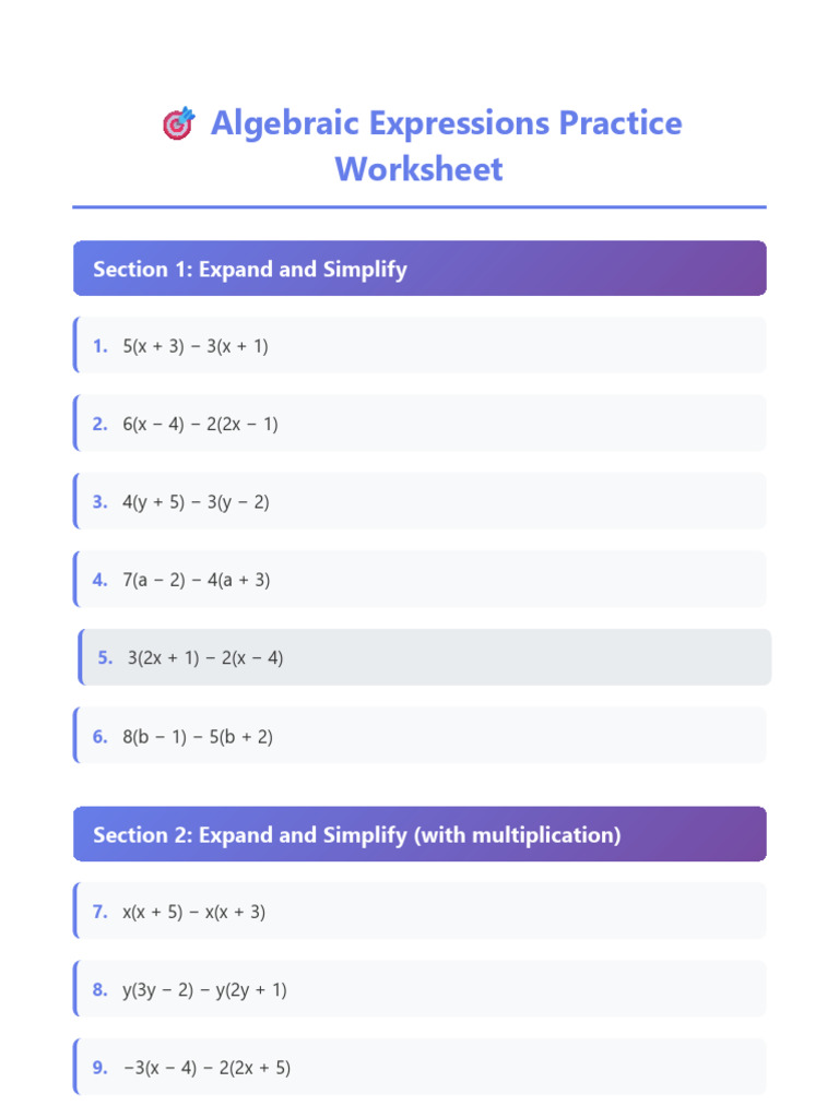 Algebraic Expressions Worksheet | PDF