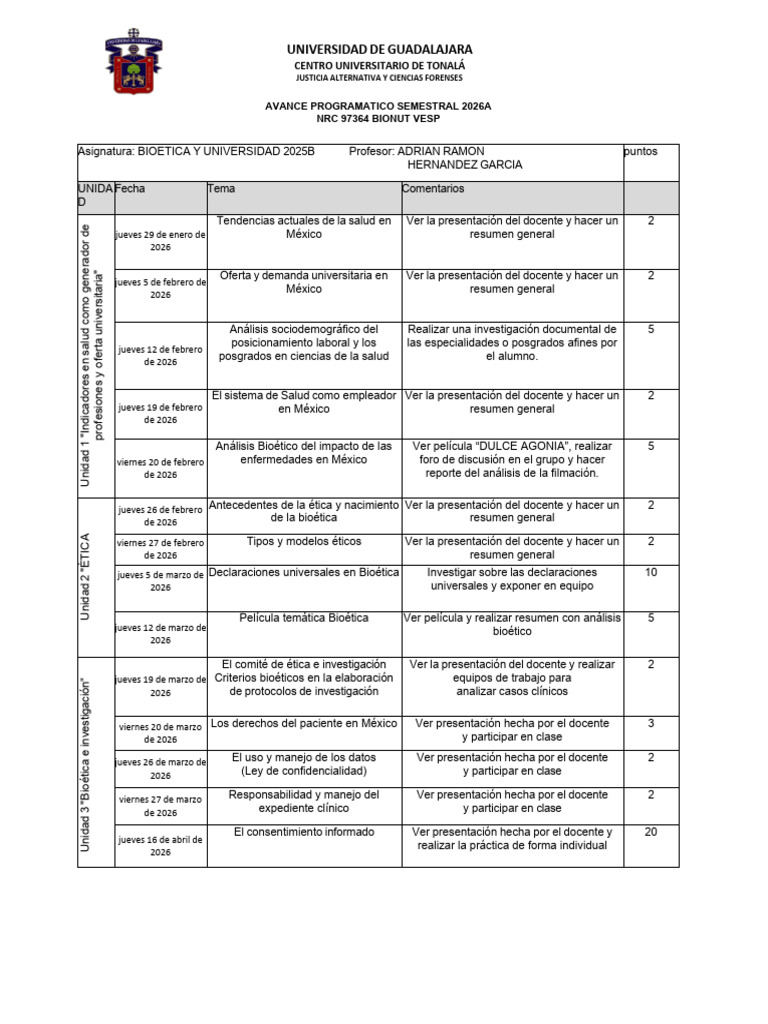 Bionut Mat 97364 Avance Programatico Bioetica y Univ 2026a | PDF ...