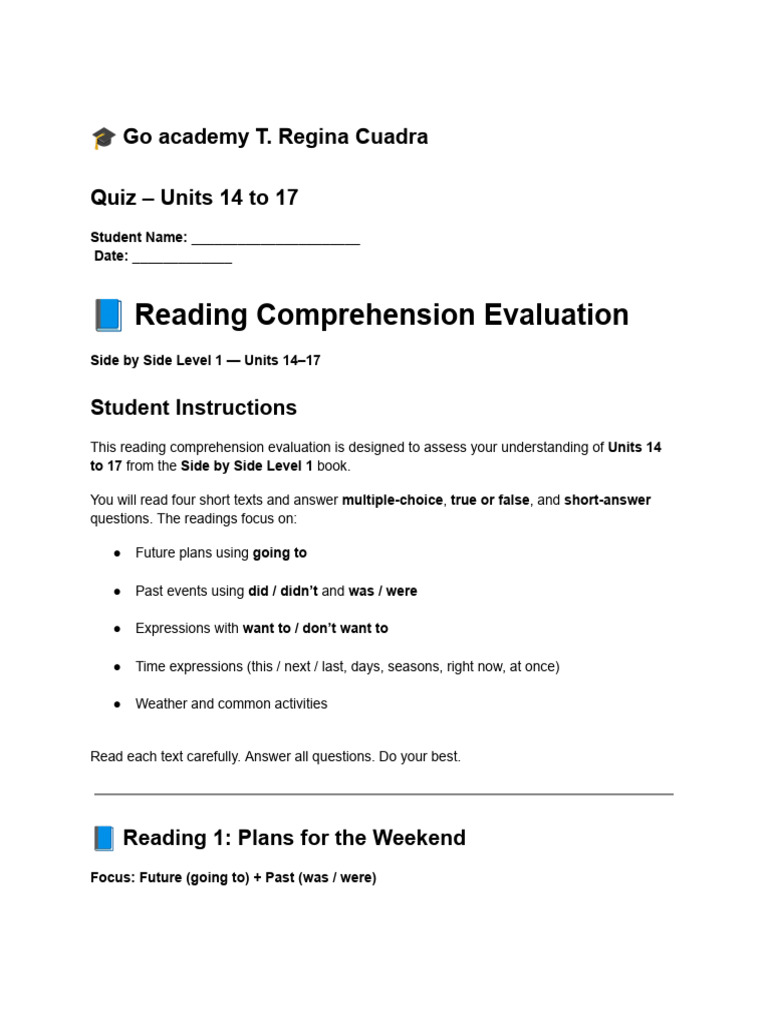 Reading Comprehension Last Exam L1 Side by Side | PDF