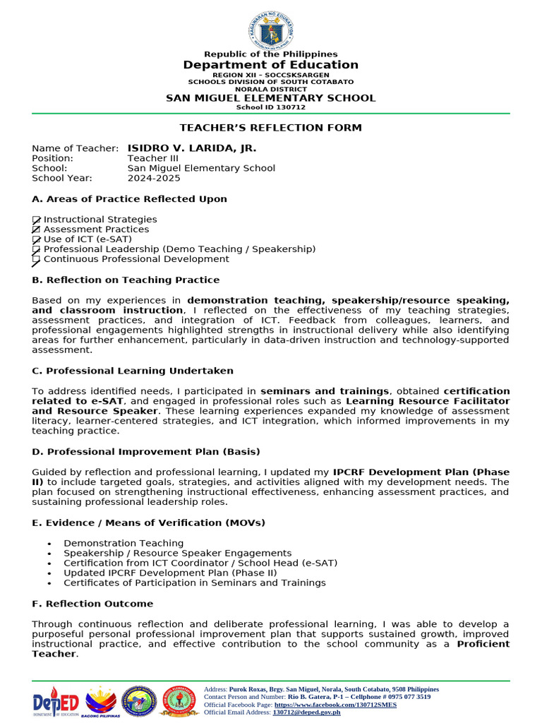 TEACHER's Reflection Form | PDF
