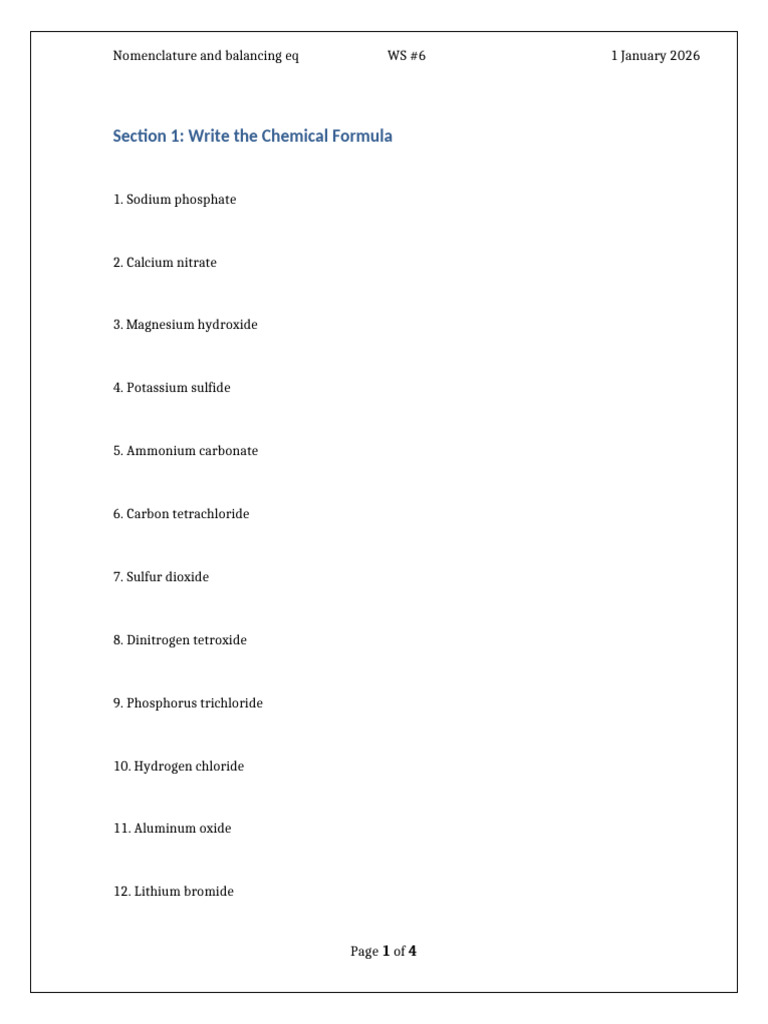 Balancing Eq and Nomenclature WS #6 | PDF