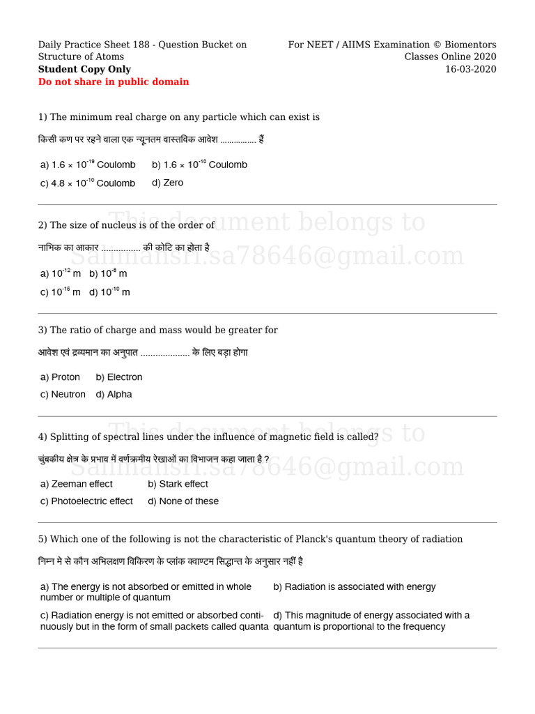 188-Question Bucket On Structure of Atoms | PDF | Atomic Orbital | Electron