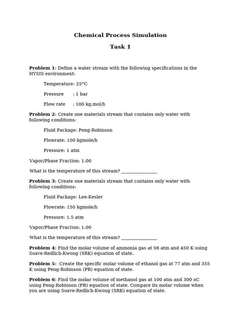 Chemical Process Simulation Assignment Sheet | PDF | Chemical Reactor ...