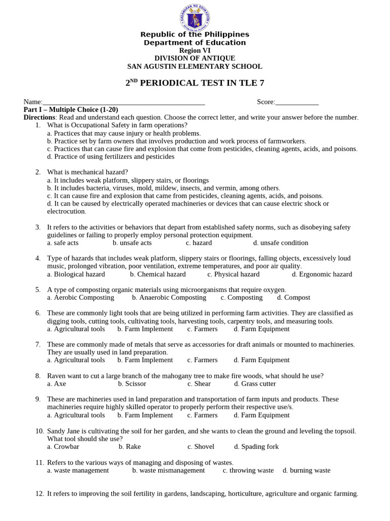 2nd Periodical Exam in TLE 7 | PDF | Hazards | Compost