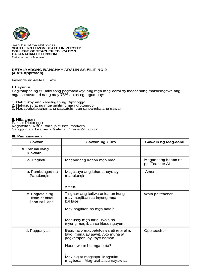 Filipino 2 Detailed Lesson Plan On Diptonggo For Grade 2 | PDF