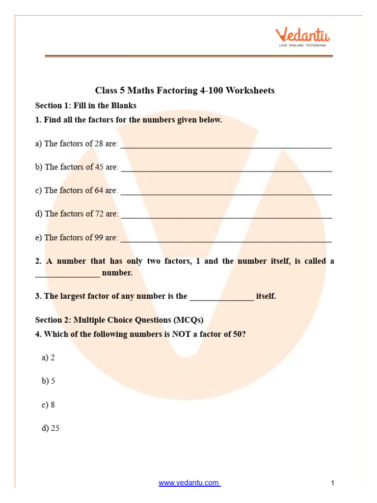 Class 5 Maths Factoring Worksheet - Numbers 4 To 100 (Free PDF | PDF ...