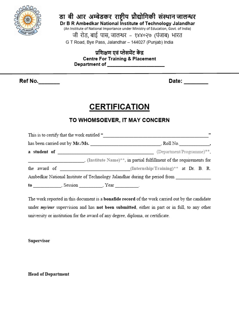 Proforma For Internship Certificate (Nit Jalandhar) | PDF