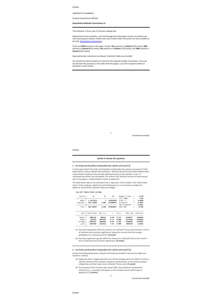 test_summer_2024 | PDF | Regression Analysis | Stationary Process