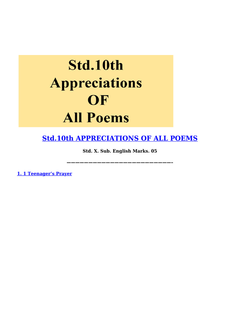 Std.10th Appreciations of All Poems | PDF | Poetry