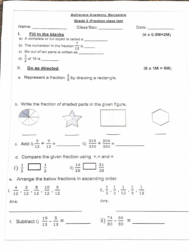 Fractions Class Test Question Paper | PDF | Mathematics | Mathematical ...