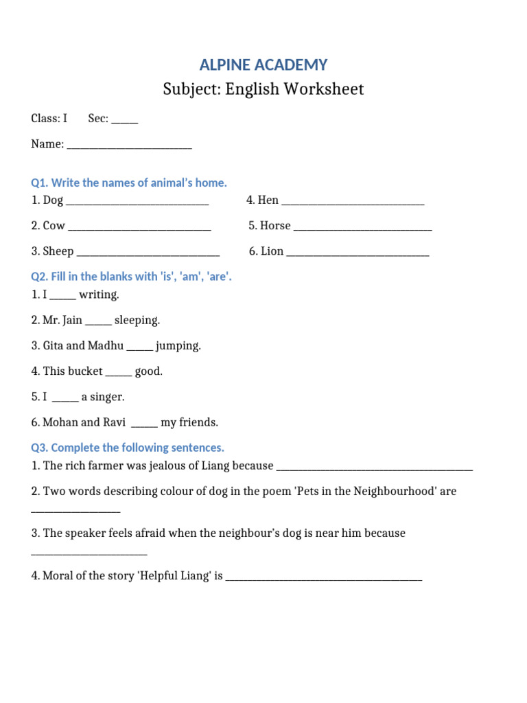English Worksheet Class 1 | PDF