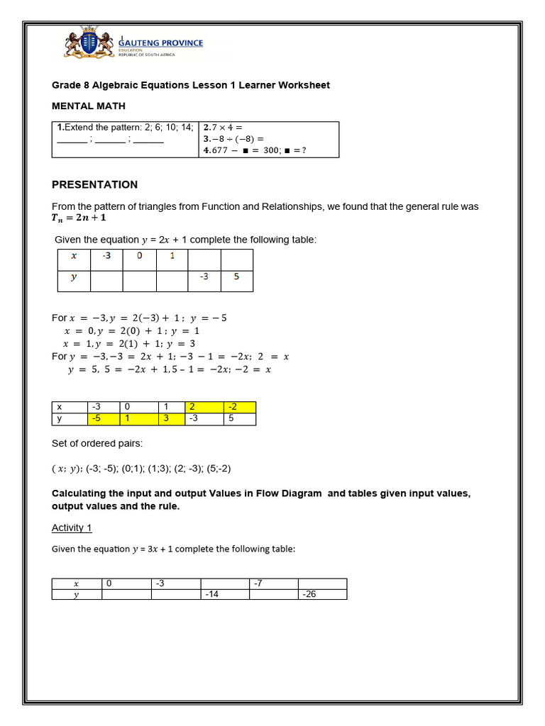 Second Topic Grade 8 Algebraic Equations Lesson 1 Learner Worksheet | PDF | Subtraction | Numbers