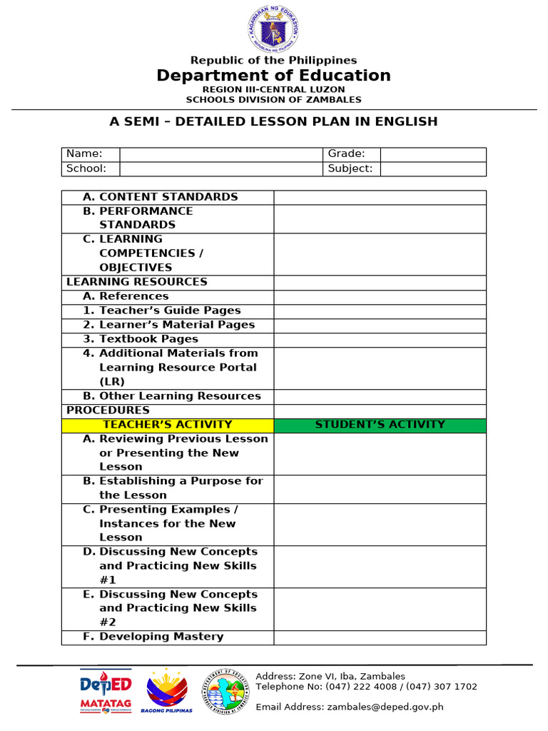Semi Detailed Lesson Plan Format | PDF