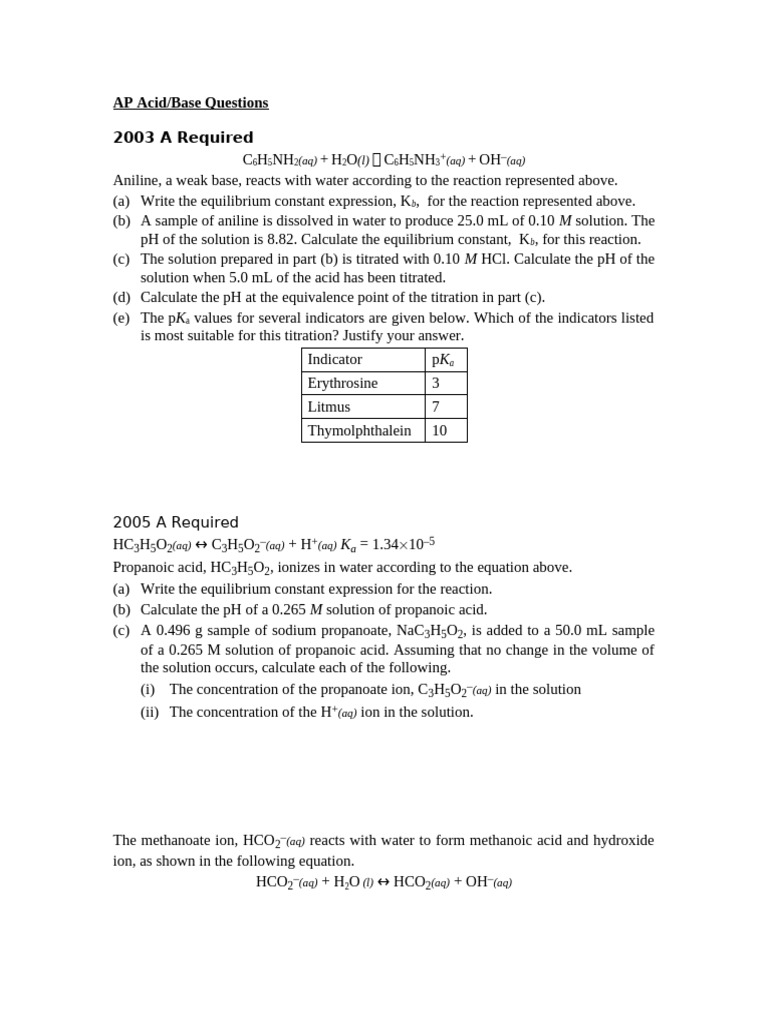 AP Acid-Base Questions | PDF | Titration | Chemistry