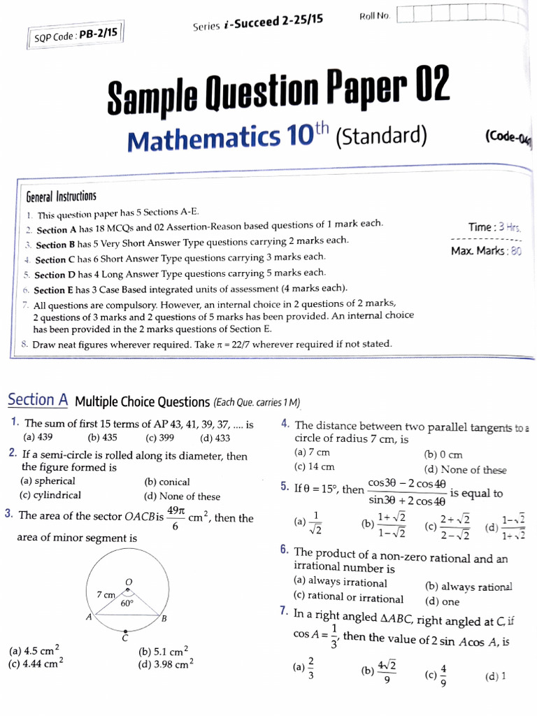 Sample QUESTION PAPER Mathematics 10th (Standard) Code-041 | PDF ...